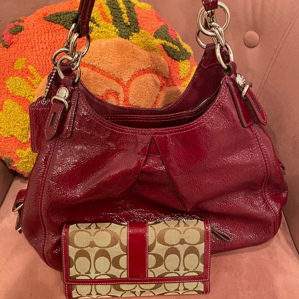 Burgundy-Red Patent Leather Coach Bag And Wallet - Gem